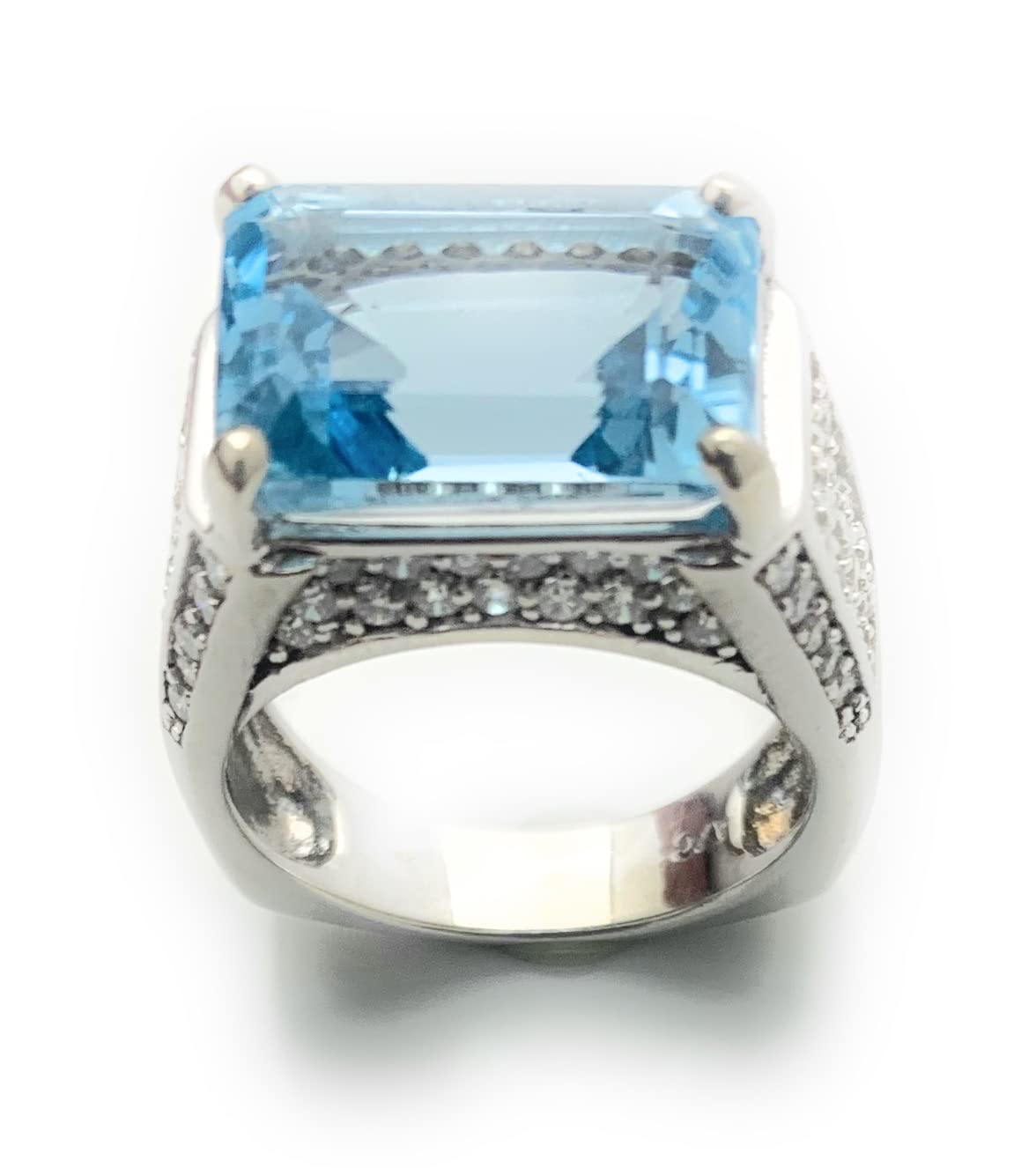 14k White Gold 10.5 CT Natural Blue Topaz Ring For Women with Diamonds Custom made Piece