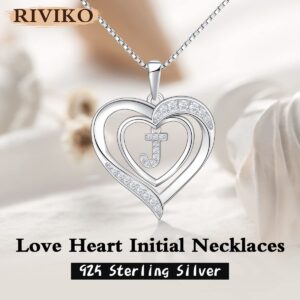 RIVIKO Heart Initial Necklace for Women, 925 Sterling Silver Dainty Letter Pendant Necklaces, Sterling Silver, Cubic Zirconia