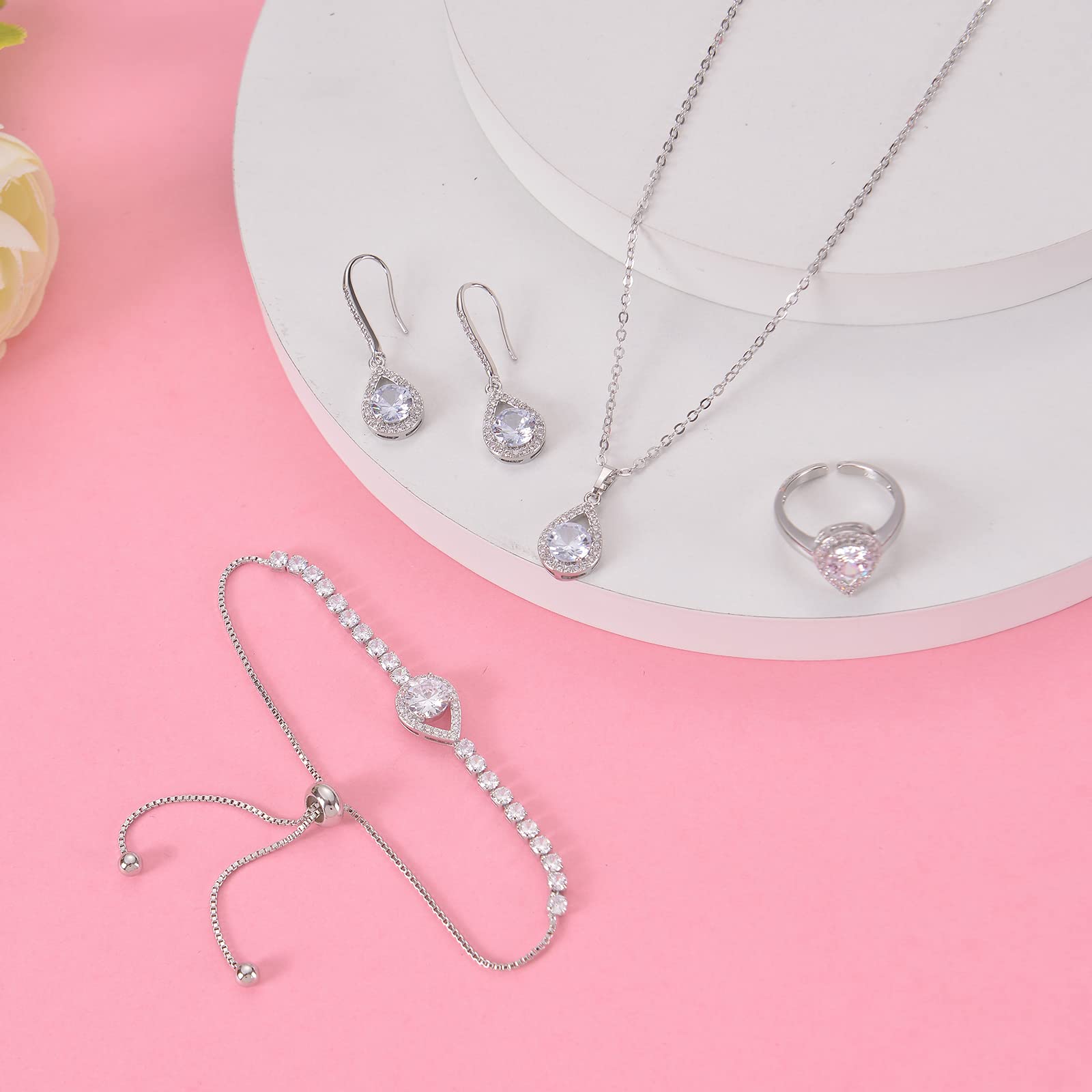 DHQH 4PCS Wedding Jewelry for Bridesmaid Cubic Zirconia Teardrop Necklace Earrings Bracelet Ring Set Bridesmaid Jewelry Set for Women Party Jewelry Gifts