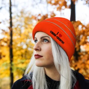 Custom Reflective Beanie I (Love) Cross-Couuntry Red Heart Sports Lovers Cross Country Acrylic High Visibility Running Gear Skull Cap for Men & Women 1 Size Neon Orange Design Only