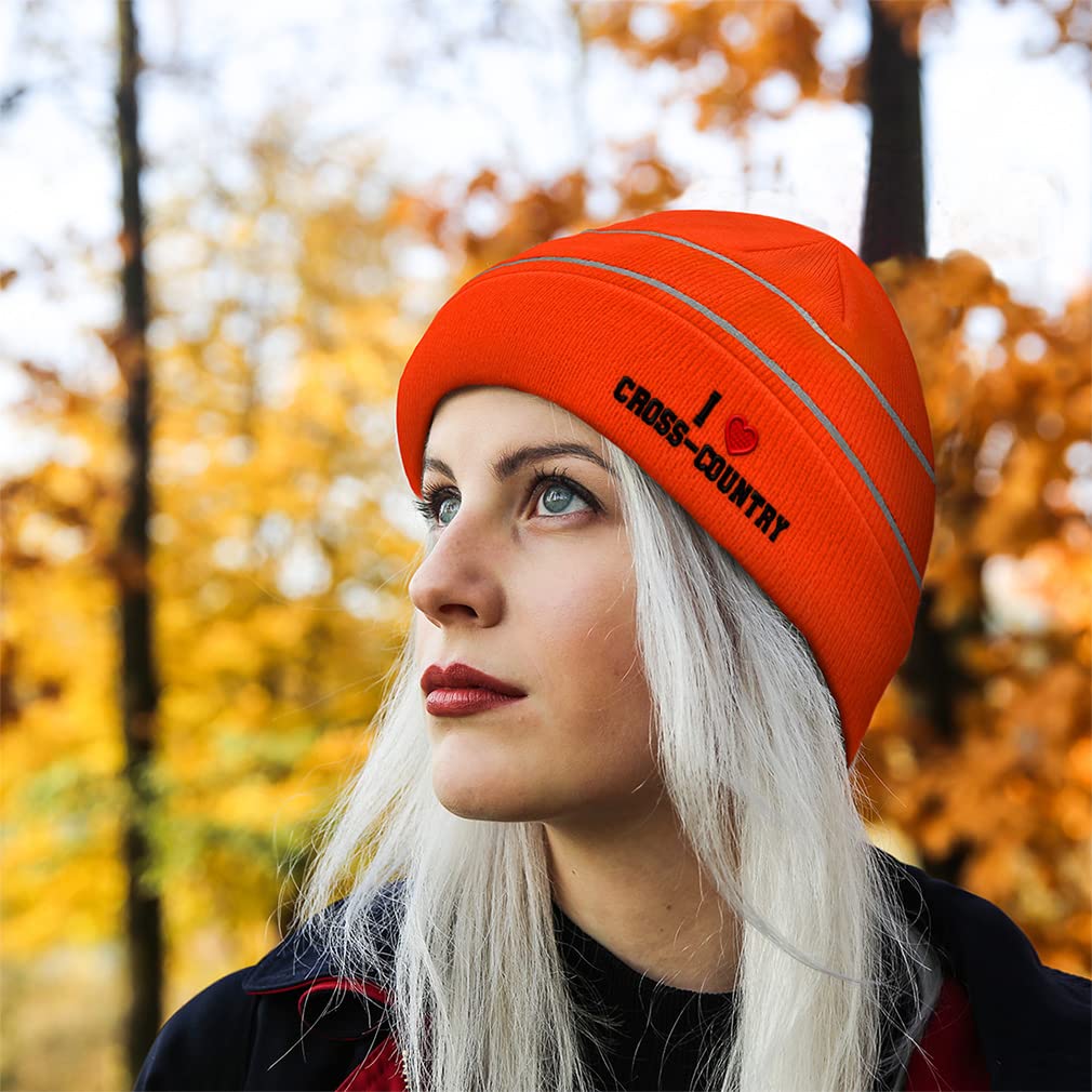 Custom Reflective Beanie I (Love) Cross-Couuntry Red Heart Sports Lovers Cross Country Acrylic High Visibility Running Gear Skull Cap for Men & Women 1 Size Neon Orange Design Only