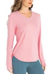 hiverlay long sleeve workout shirts for women v neck upf 50+ athletic shirts with thumbhole running loose active t-shirts pink s