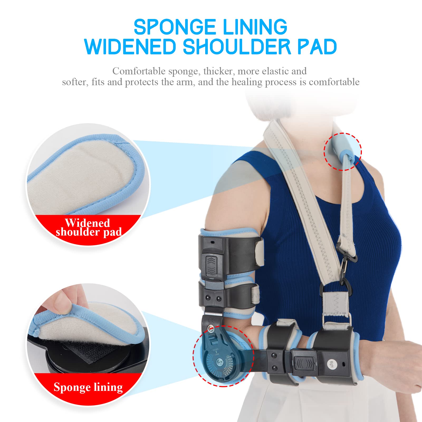 Hinged Elbow Brace ROM Elbow Brace Support with Strap Sling Adjustable Post Op Elbow Stabilizer Splint Arm Injury Recovery Support After Surgery for Dislocated Arm Ligament and Tendon Repairs (Right)