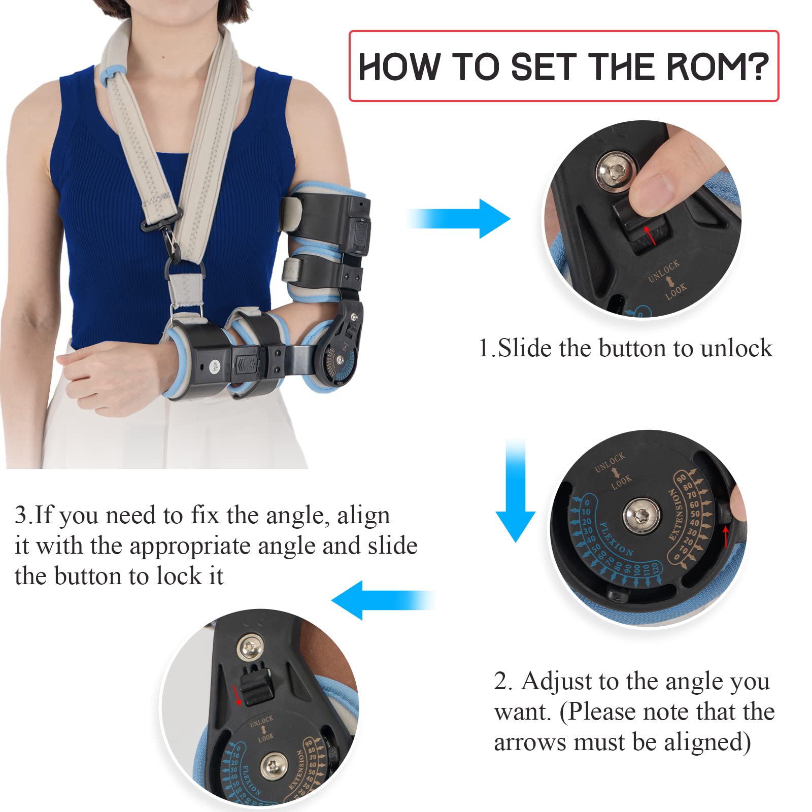 Hinged Elbow Brace ROM Elbow Brace Support with Strap Sling Adjustable Post Op Elbow Stabilizer Splint Arm Injury Recovery Support After Surgery for Dislocated Arm Ligament and Tendon Repairs (Right)