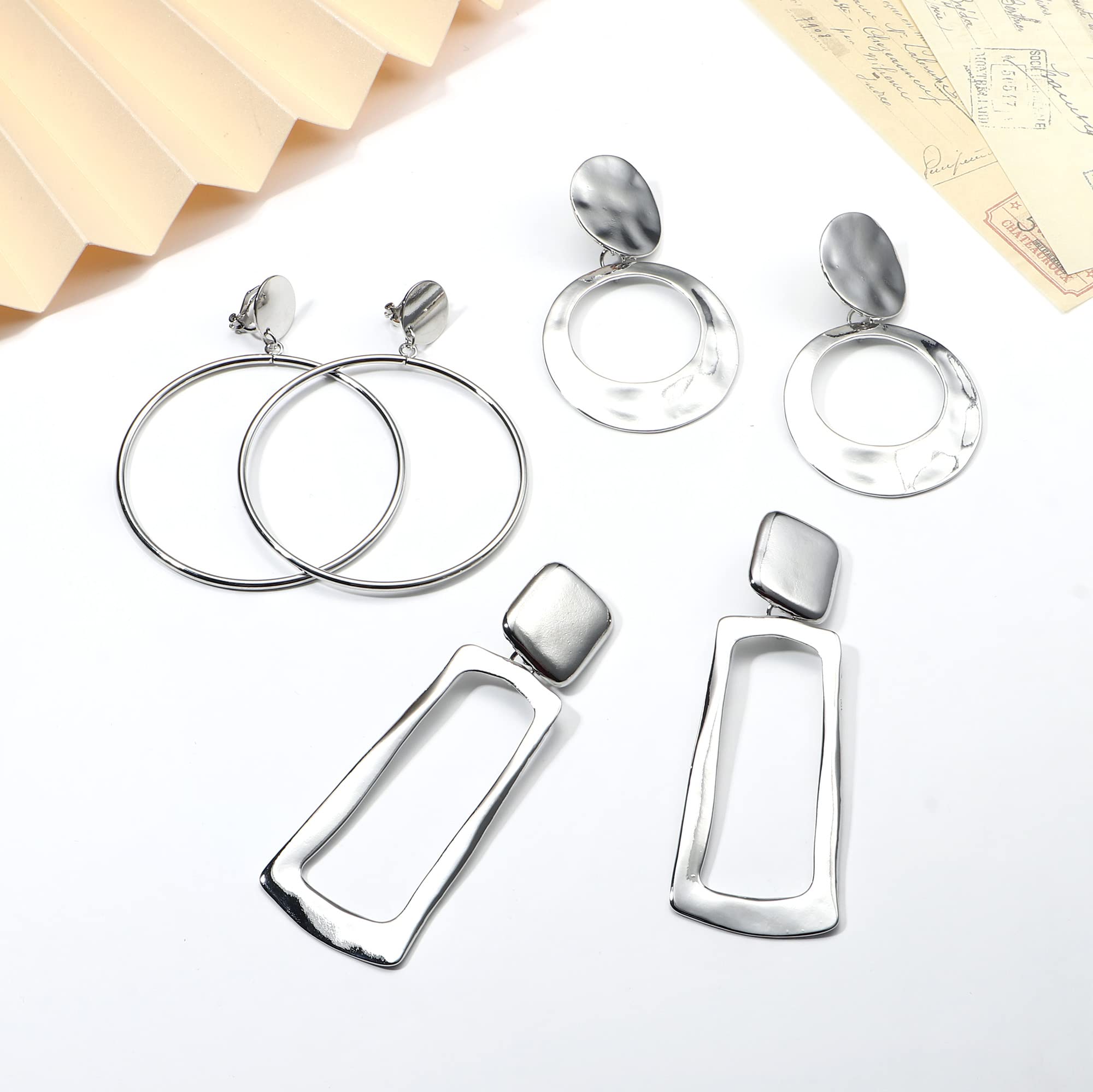 Subiceto 9 Pairs Silver Clip on Earrings for Women Statement Clip On Earrings Large Silver Geometric Clip Earrings Square Rectangle Round Clip Dangle Earrings Non Pierced Earrings Set