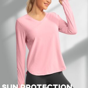 Hiverlay Long Sleeve Workout Shirts for Women V Neck UPF 50+ Athletic Shirts with Thumbhole Running Loose Active T-Shirts Pink s