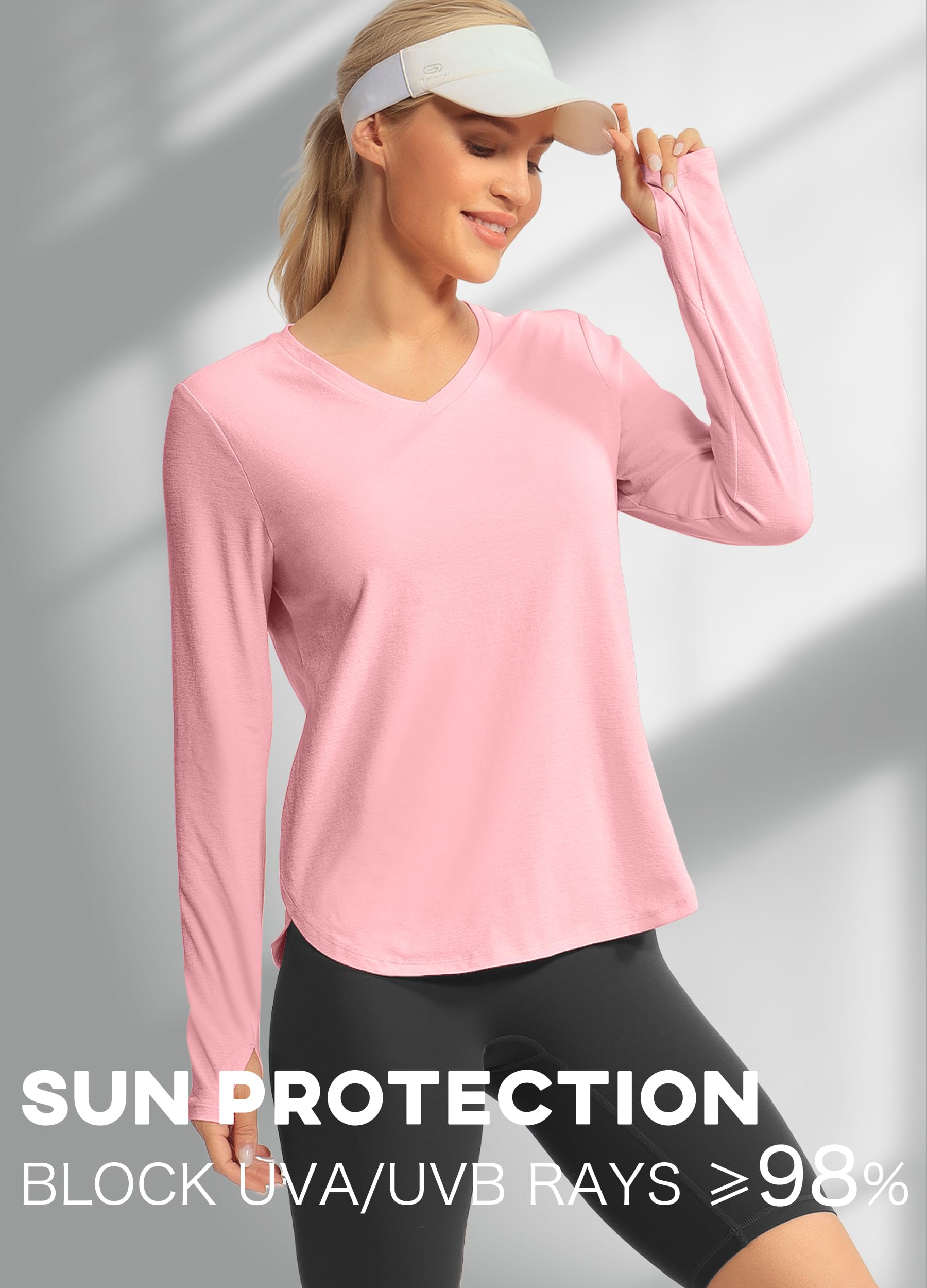 Hiverlay Long Sleeve Workout Shirts for Women V Neck UPF 50+ Athletic Shirts with Thumbhole Running Loose Active T-Shirts Pink s