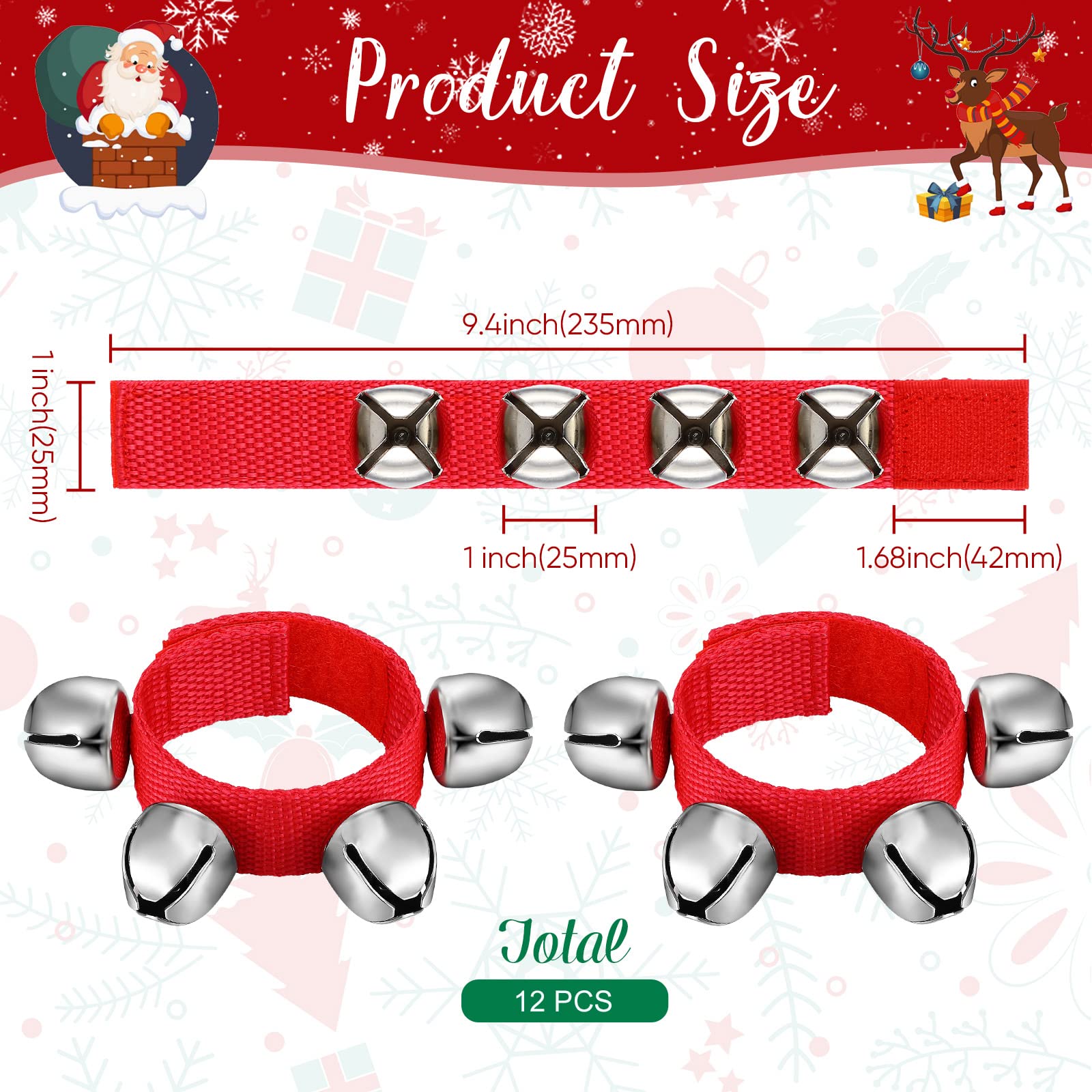 12 Pcs Christmas Wrist Band Bells Bracelets Wrist Band Shaking Bells Musical Instruments Adjustable Bells Rhythm Wristband Bells for School Family Adults Christmas Percussion Party Favors (Red)