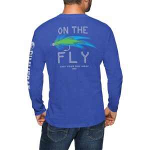 gimmedat on the fly long sleeve outdoor fly fishing men's and women's shirt gift fun (large) heather royal