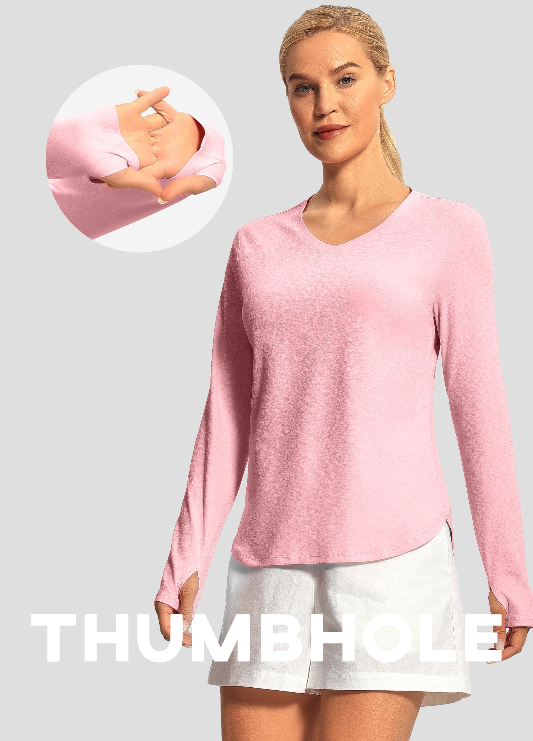 Hiverlay Long Sleeve Workout Shirts for Women V Neck UPF 50+ Athletic Shirts with Thumbhole Running Loose Active T-Shirts Pink s