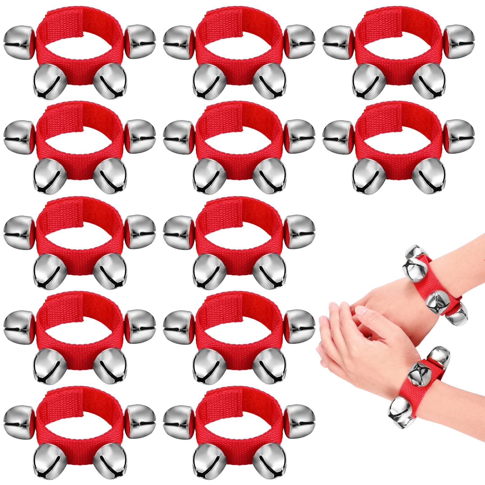 12 Pcs Christmas Wrist Band Bells Bracelets Wrist Band Shaking Bells Musical Instruments Adjustable Bells Rhythm Wristband Bells for School Family Adults Christmas Percussion Party Favors (Red)