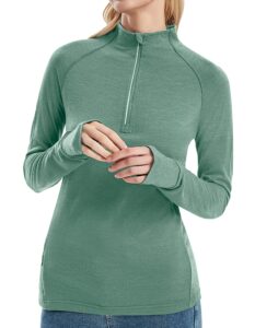 iguana women's 220 midweight 100% merino wool zip neck top shirts green