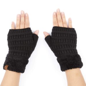 c.c fingerless gloves fuzzy lined knit wrist warmer solid ribbed glove (flg-25) (black)