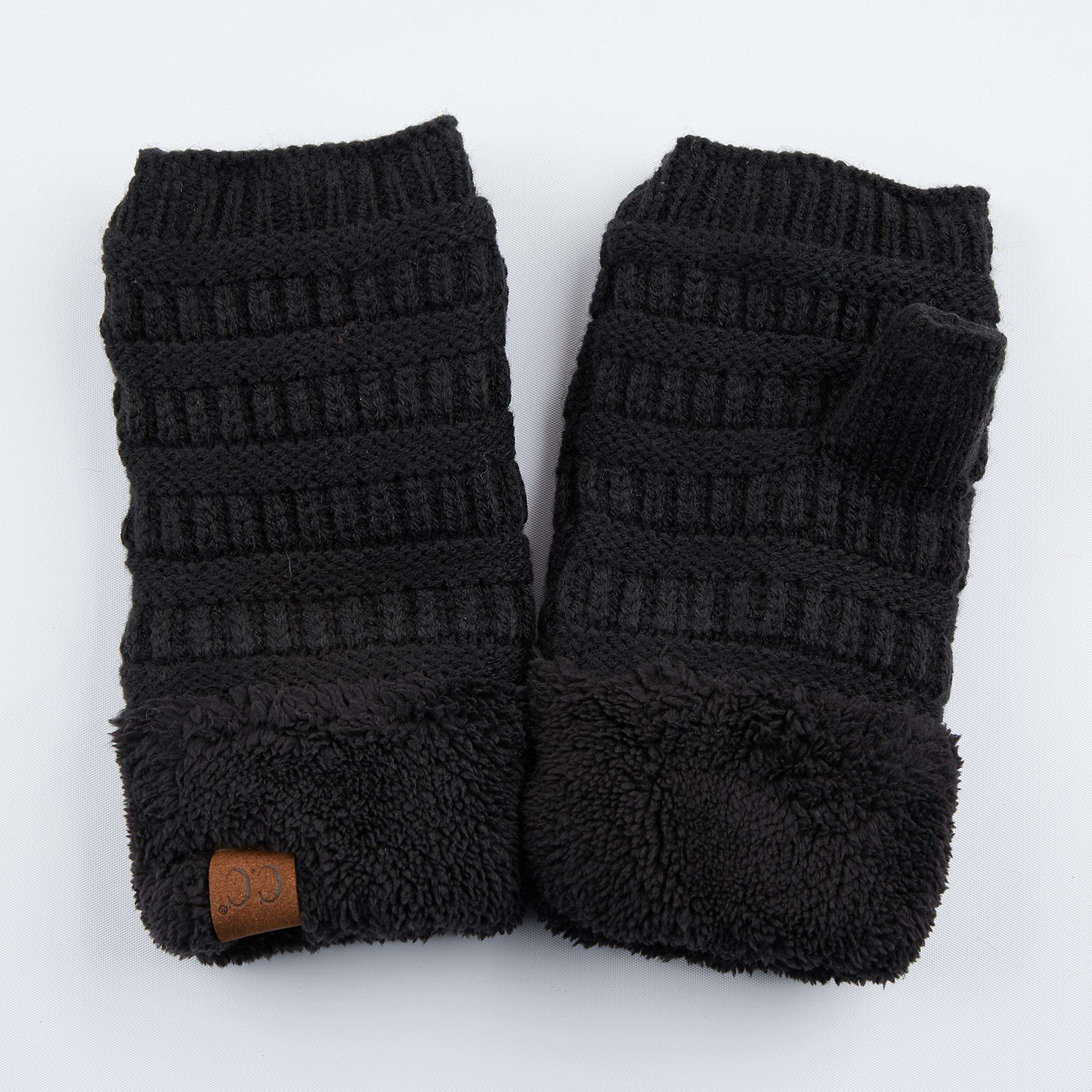 C.C Fingerless Gloves Fuzzy Lined Knit Wrist Warmer Solid Ribbed Glove (FLG-25) (Black)