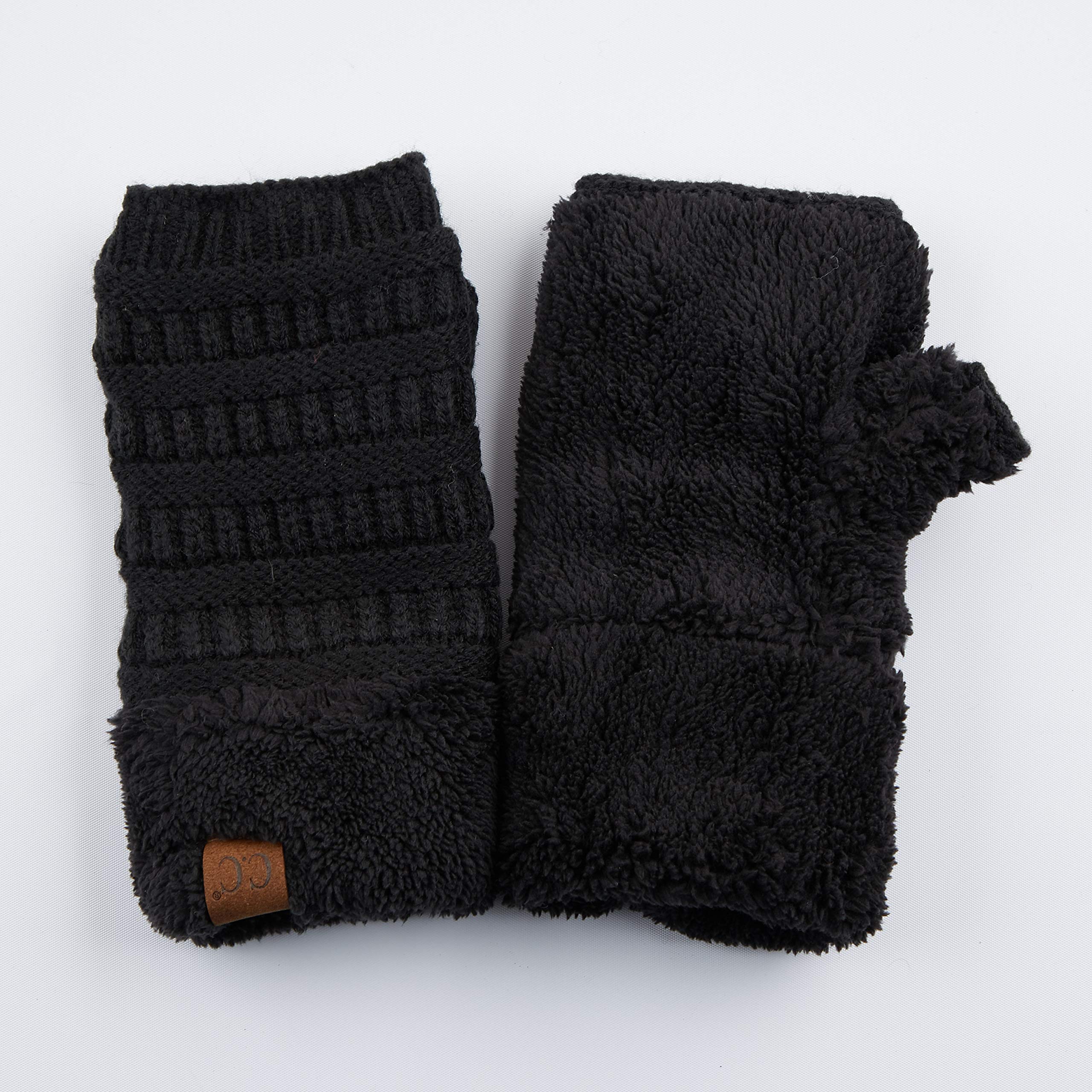 C.C Fingerless Gloves Fuzzy Lined Knit Wrist Warmer Solid Ribbed Glove (FLG-25) (Black)