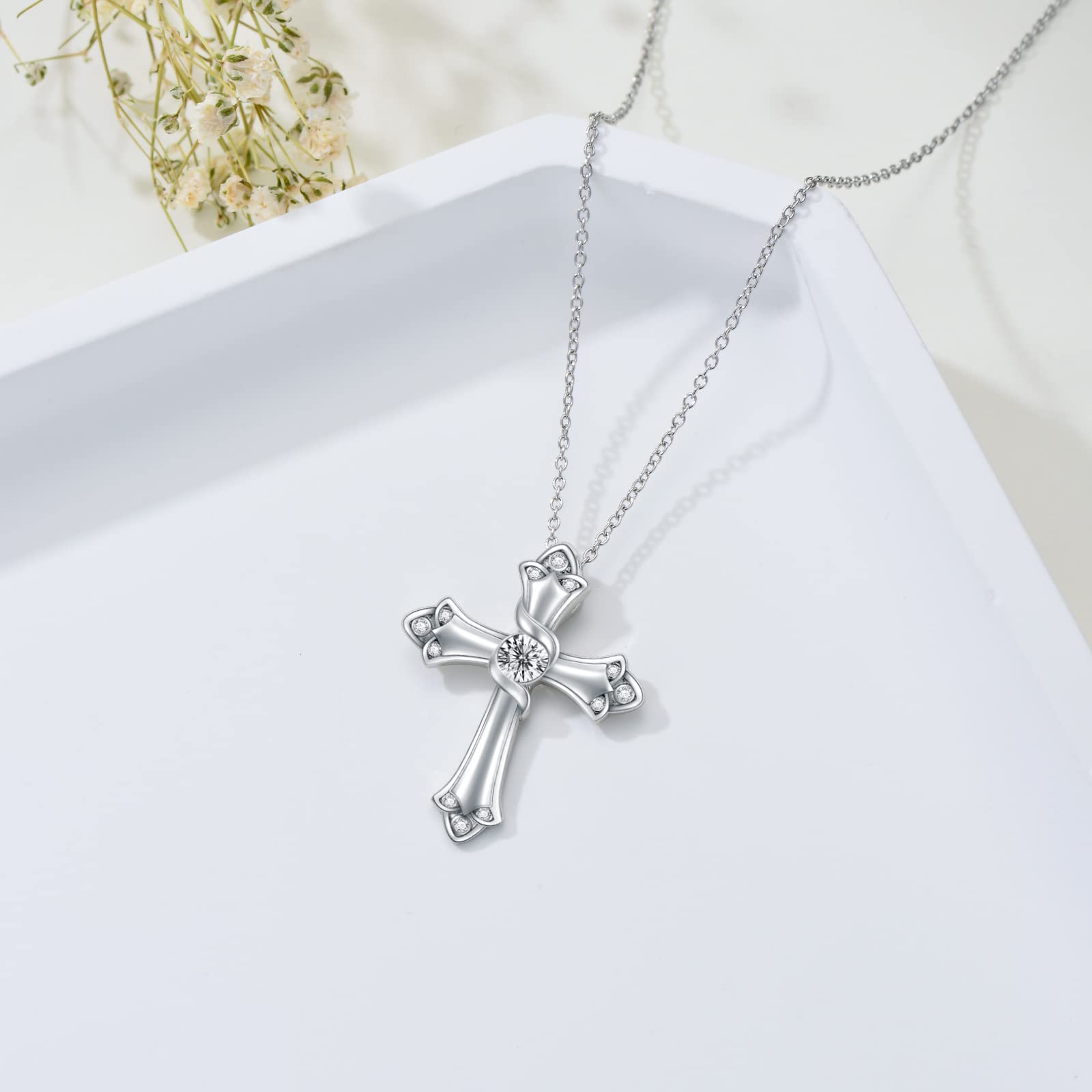 WTYIM Moissanite Diamond Cross Necklace for Women 18K White Gold Plated Silver Crucifix Infinity Cross Pendant Necklace Faith Jewelry Birthday Christmas Gift for Her, 18+2 Inch, Sterling Silver,