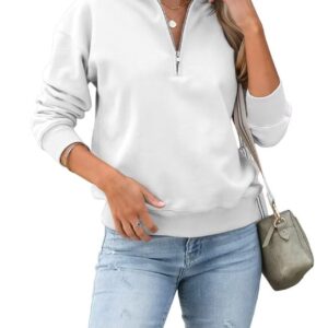 Dressmine Womens Fall Sweatshirt Long Sleeve Quarter Zip Lapel Collar Shirts Casual Loose Pullover Sweatshirts Tops for Women White Meidum