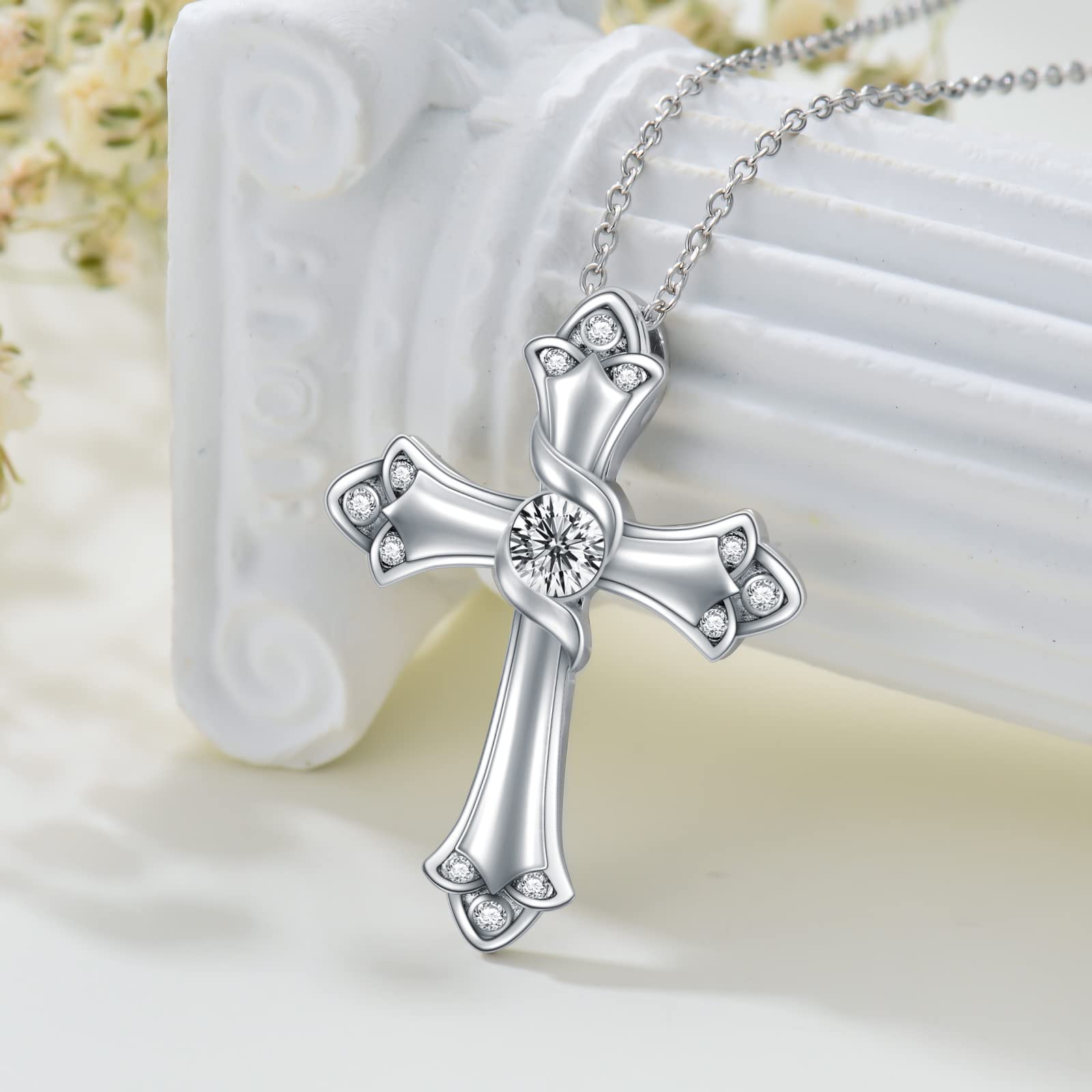 WTYIM Moissanite Diamond Cross Necklace for Women 18K White Gold Plated Silver Crucifix Infinity Cross Pendant Necklace Faith Jewelry Birthday Christmas Gift for Her, 18+2 Inch, Sterling Silver,