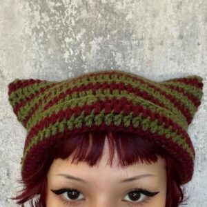 Y2K Gothic Knitted Cat Ear Little Devil Hat Women Kawaii Winter Handmade Beanie Female Caps (Black,One Size)