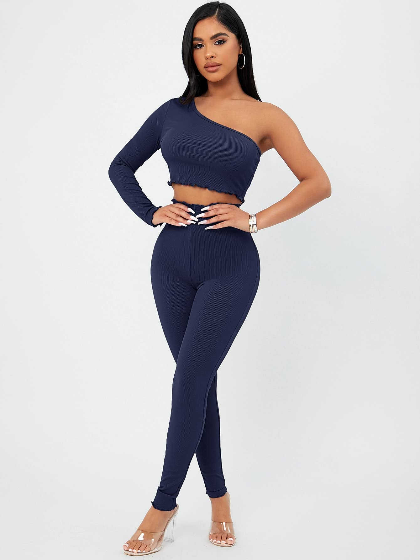 WDIRARA Women's 2 Piece Outfit One Shoulder Lettuce Trim Crop Top and Leggings Set Navy Blue M