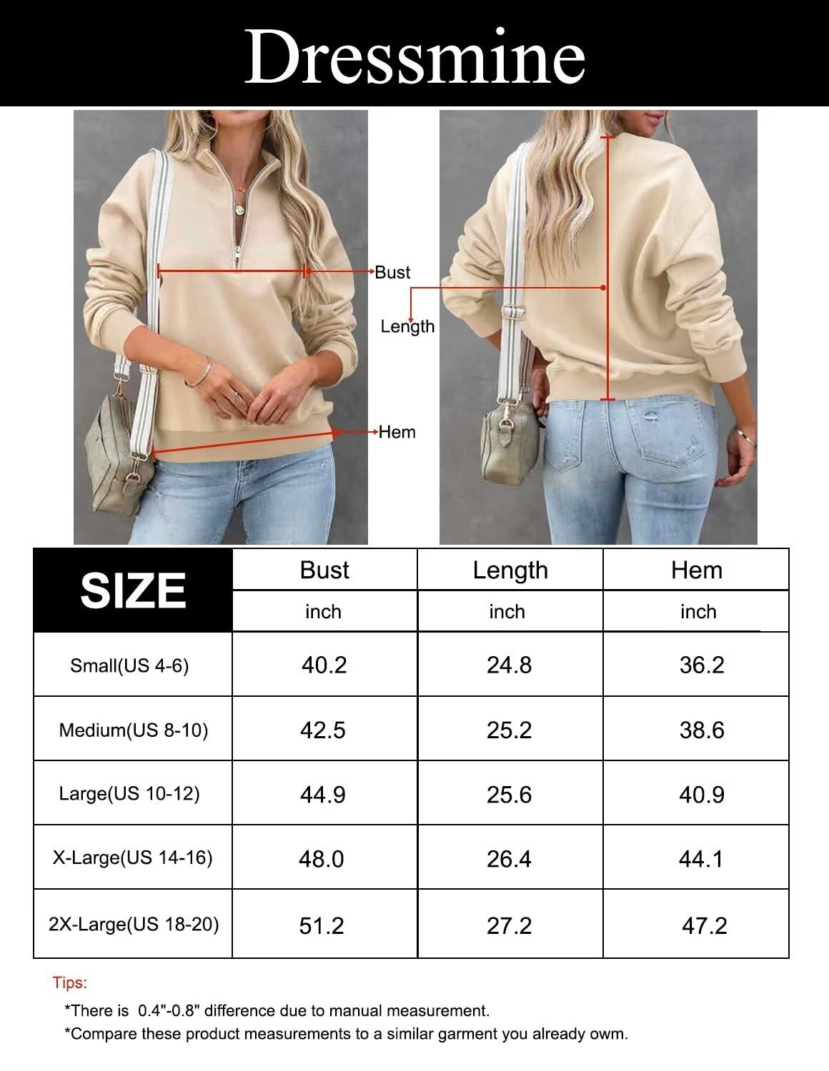 Dressmine Womens Fall Sweatshirt Long Sleeve Quarter Zip Lapel Collar Shirts Casual Loose Pullover Sweatshirts Tops for Women White Meidum