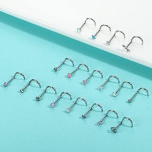 Besteel 20 Pcs Hypoallergenic 20G Nose Rings for Women Men Cubic Zirconia Stainless Steel Nose Studs Set Labret Lip Nostril Piercing Jewelry Multicolor 2mm Screw