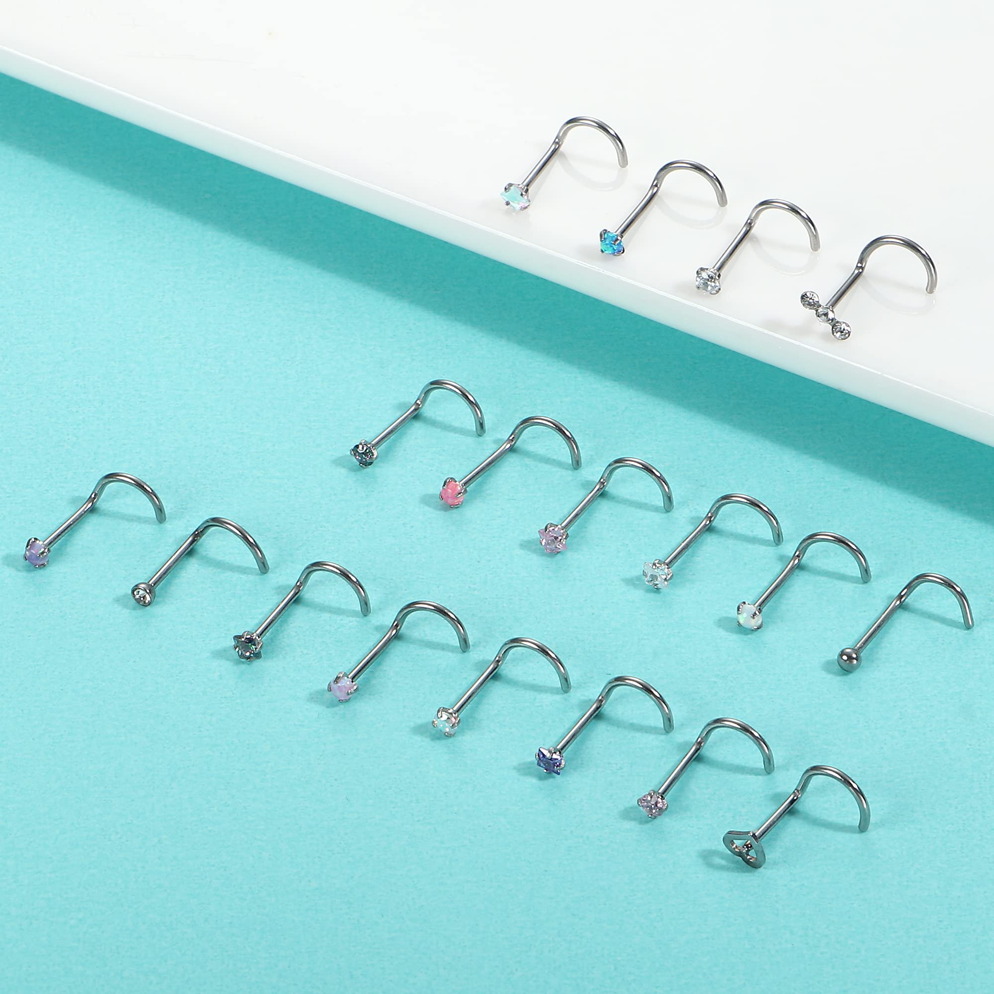 Besteel 20 Pcs Hypoallergenic 20G Nose Rings for Women Men Cubic Zirconia Stainless Steel Nose Studs Set Labret Lip Nostril Piercing Jewelry Multicolor 2mm Screw