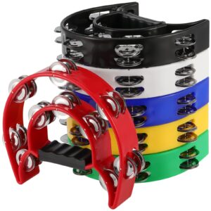 funsuei 6 pack double row tambourine, half moon handheld tambourine, metal jingles hand held percussion plastic musical tambourine for church, party, band, 6 colors