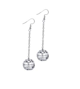 60's 70's silver mirror disco ball drop dangle earrings hook chain cool punk for women classic dance party halloween costume jewelry-long chain