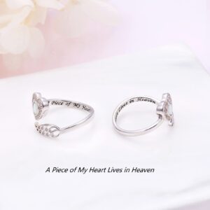 925 Sterling Silver Angel Wing Ring for Women Memorial Jewelry Engraved A Piece of My Heart Lives in Heaven Wrap Open Ring Lap Opal Heart Rings Adjustable Size 8