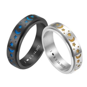 zkxxj personalized sun and moon stars couple rings set for him her,custom matching promise rings for couples stainless steel dark luminous fidget ring anxiety ring engagement wedding band