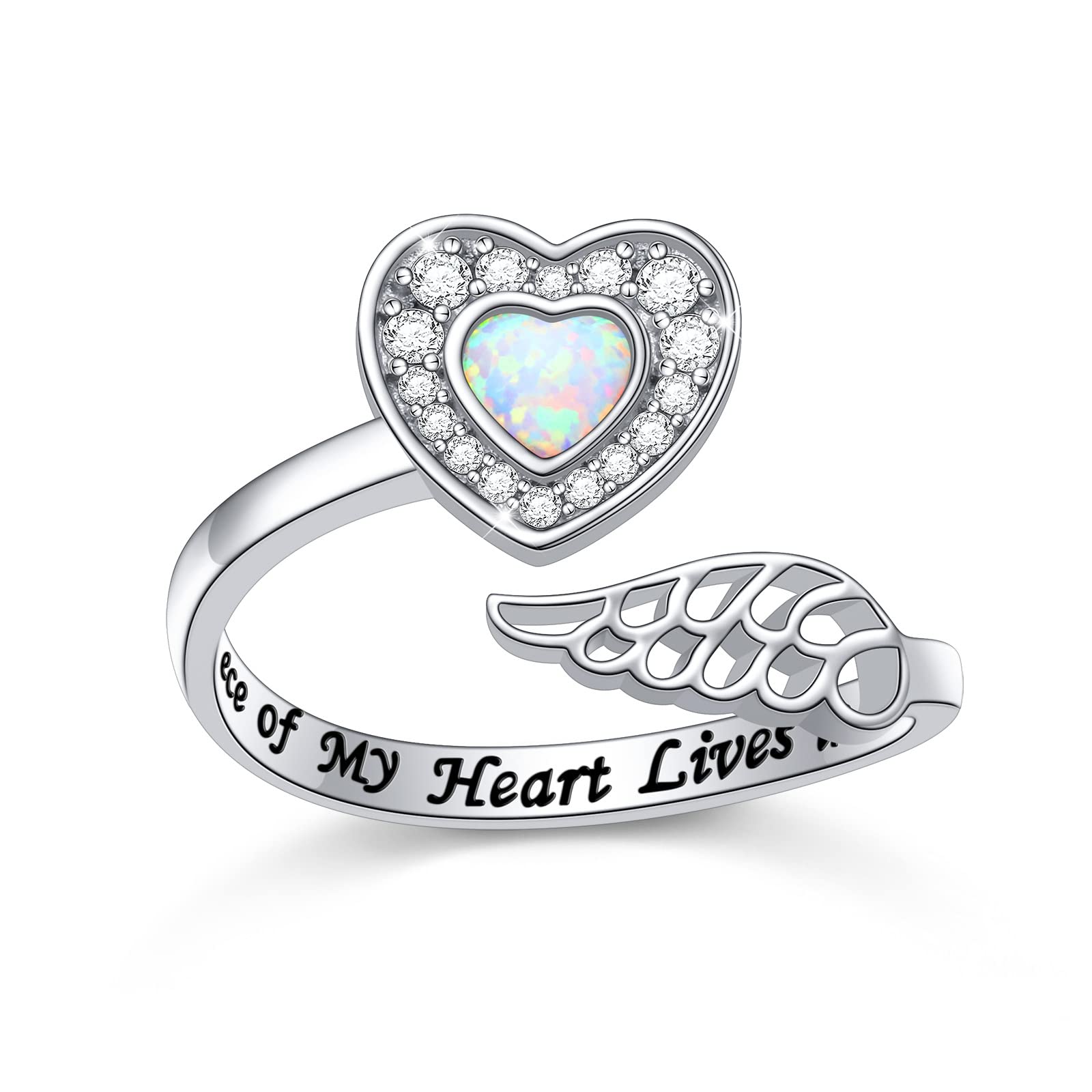 925 Sterling Silver Angel Wing Ring for Women Memorial Jewelry Engraved A Piece of My Heart Lives in Heaven Wrap Open Ring Lap Opal Heart Rings Adjustable Size 8