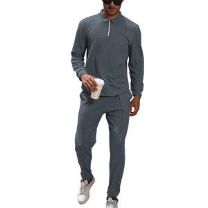 fznhql men's tracksuits 2 piece casual work polo t shirts and pants golf outdoor running jogging outfit sport suit fall winter sweatsuit clothing dark grey 3xl