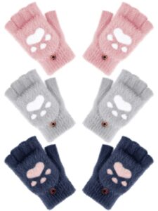 bencailor 3 pairs winter fingerless gloves warm convertible mittens flap cover cat paw gloves for women cold weather cosplay (light gray, pink, navy blue)