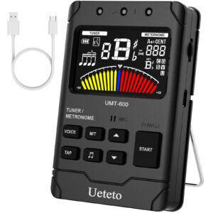 ueteto metronome tuner for all instruments, rechargeable digital metronome with english vocal counting and tap function, tuner with guitar, bass, violin, ukulele and chromatic tuning modes