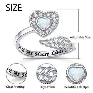 925 Sterling Silver Angel Wing Ring for Women Memorial Jewelry Engraved A Piece of My Heart Lives in Heaven Wrap Open Ring Lap Opal Heart Rings Adjustable Size 8