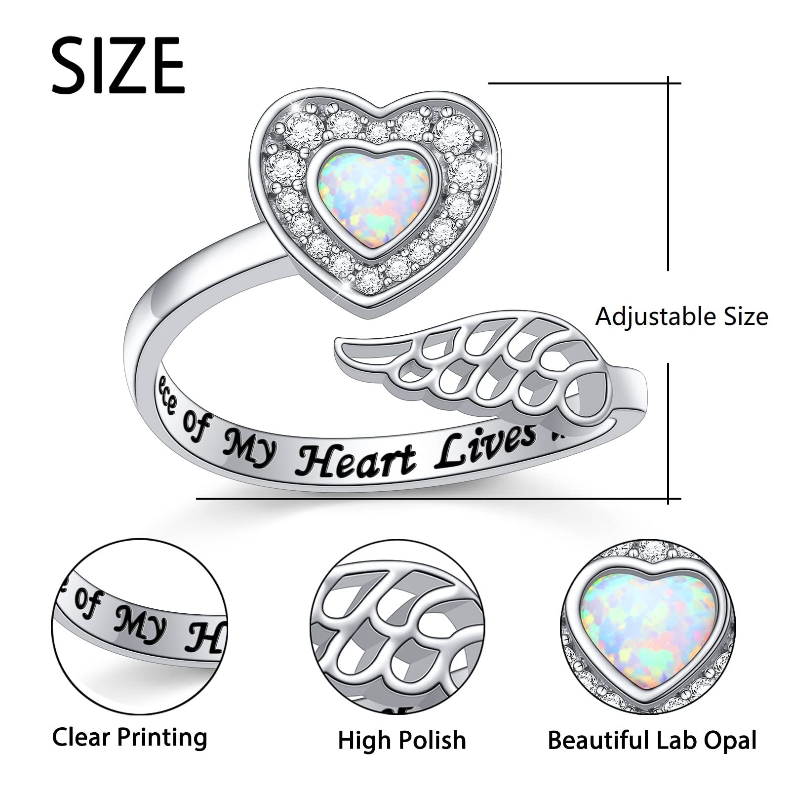 925 Sterling Silver Angel Wing Ring for Women Memorial Jewelry Engraved A Piece of My Heart Lives in Heaven Wrap Open Ring Lap Opal Heart Rings Adjustable Size 8