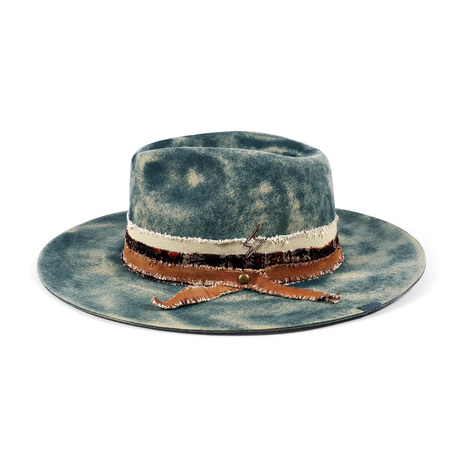 RUEDIGER Wide Brim Fedora Hats for Men Women 100% Wool Felt Panama Rancher Hat with Lightning Logo Distressed/Burned Handmade Navy