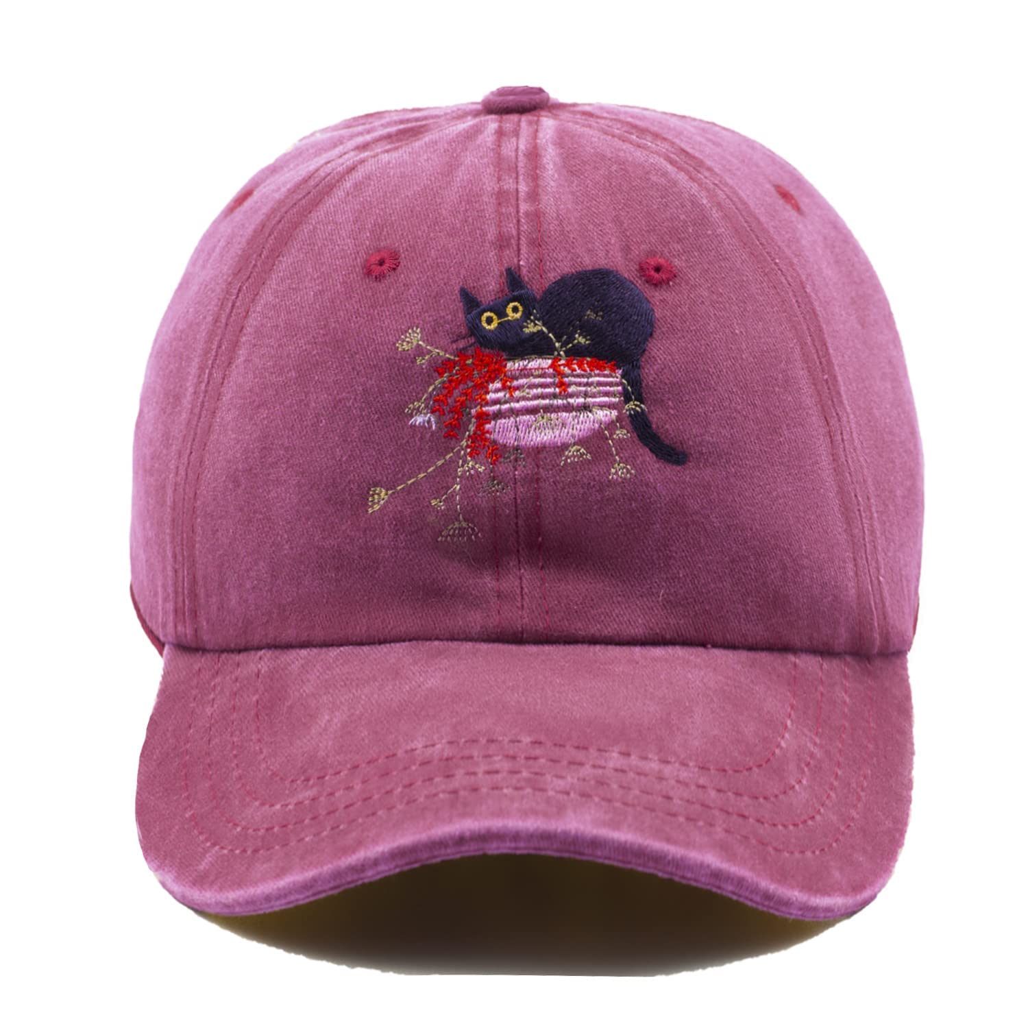 Women Cat Hat - Garden Hat, Cat and Plants Embroidered Dad Hat, Cat Plant Lady Hat, Cat Baseball Cap for Women Men Garden