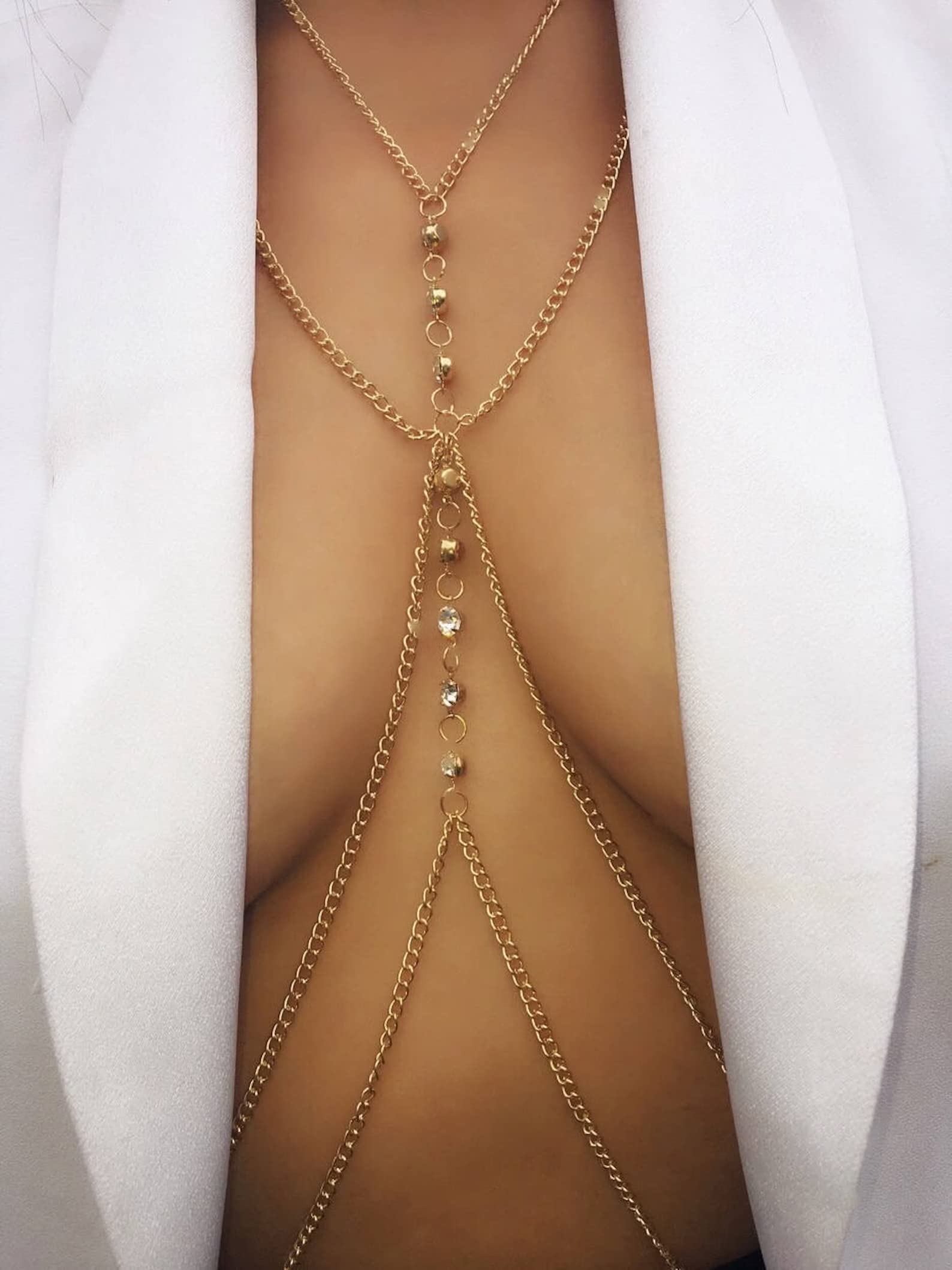 Layering Body Chain with Shinning Crystal, Brides Jewelry Gold Plated (BC28-Crystal )