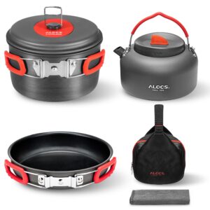 alocs camping cookware, alumina camping cooking set with camping kettle, lightweight portable camping gear, non-stick camping pan included storage carry bag for outdoor backpacking hiking and picnic