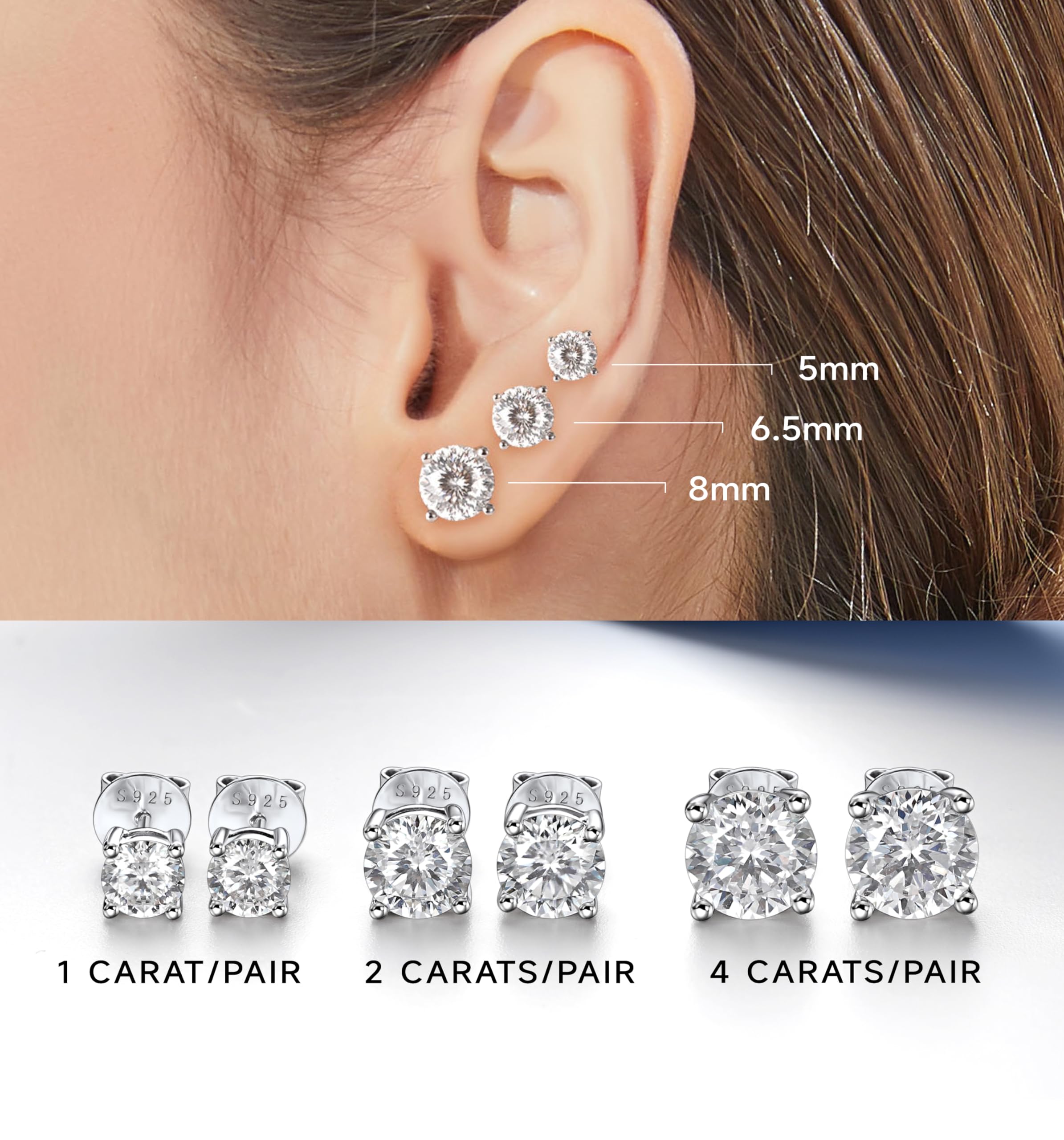 MomentWish Stud Earrings for Women with Christmas Gift Bag, 2Carat Simulated Moissanite Earrings 925 Sterling Silver Solitaire Earrings, Christmas Anniversary Holiday Gifts for Her