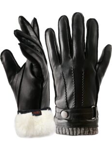 vikideer super warm fur gloves mens leather gloves real rabbit fur lined touchscreen driving gloves black large