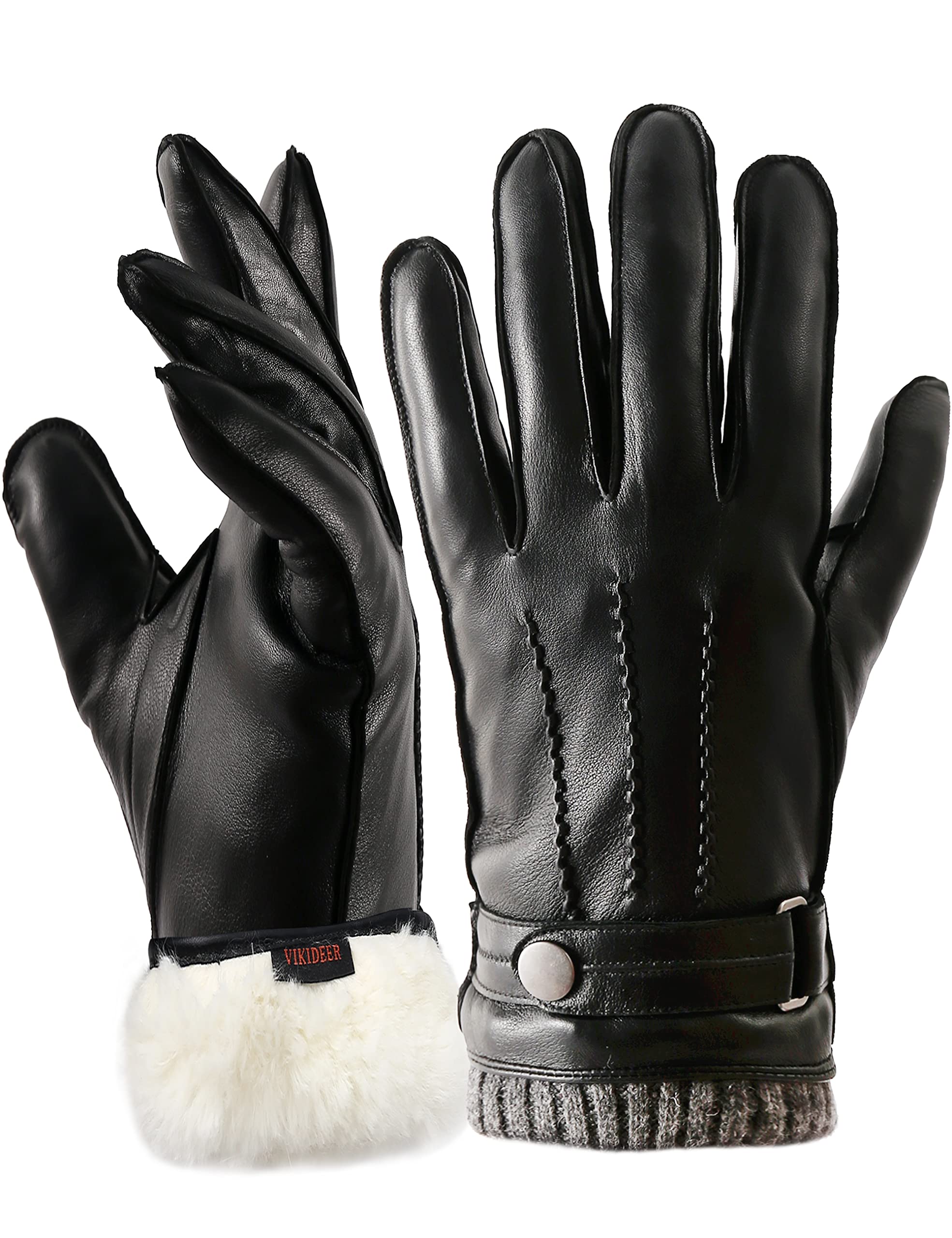 VIKIDEER Super Warm Fur Gloves Mens Leather Gloves Real Rabbit Fur Lined Touchscreen Driving Gloves Black Large