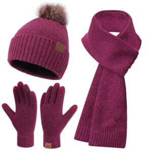 womens winter warm knit beanie hat long scarf touchscreen gloves set with fleece lined pom skull cap gifts for women