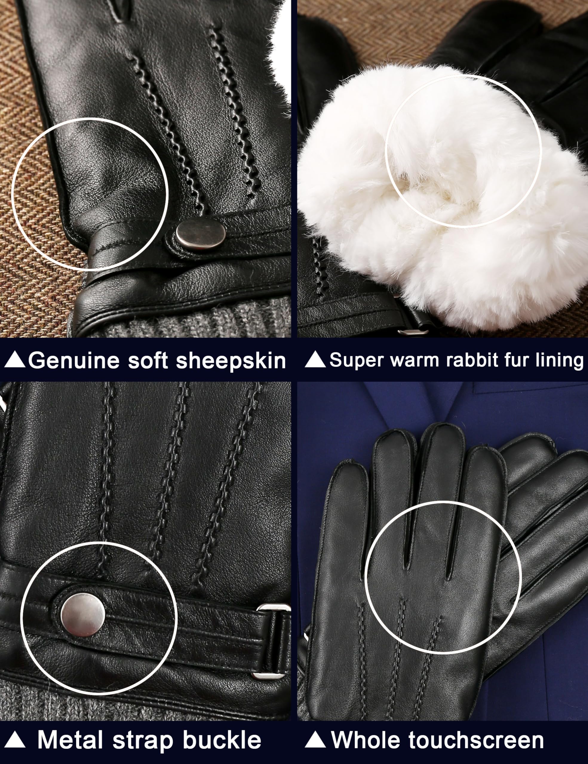 VIKIDEER Super Warm Fur Gloves Mens Leather Gloves Real Rabbit Fur Lined Touchscreen Driving Gloves Black Large