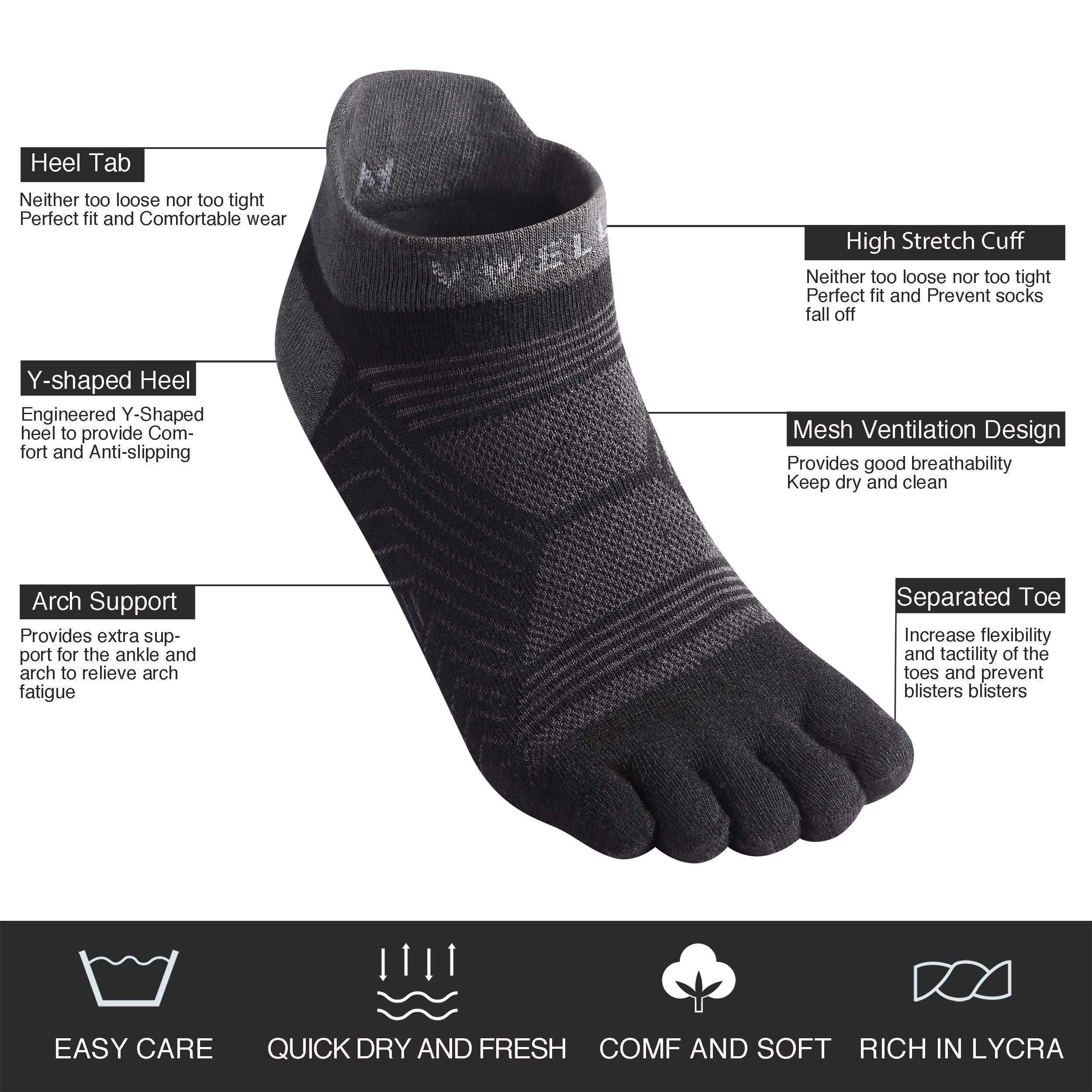 VWELL Toe Socks for Men/Women, COOLMAX Five Finger Socks, High Performance Athletic Toe Socks No Show (3Pairs)