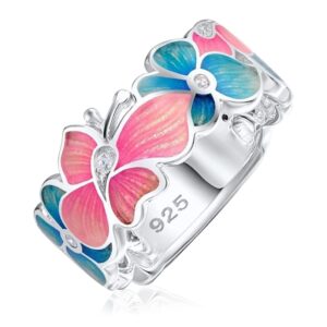 mylyahy fashion flower butterfly statement band ring,thick silver plated dainty colorful floral enamel band ring jewelry gift for women girls (ring_a, 10)