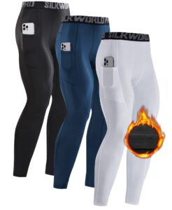 silkworld men's thermal underwear compression pants fleece lined workout leggings with poackets sports yoga baselayer,c3_fleece lined_3pack_black,white,navy blue,large