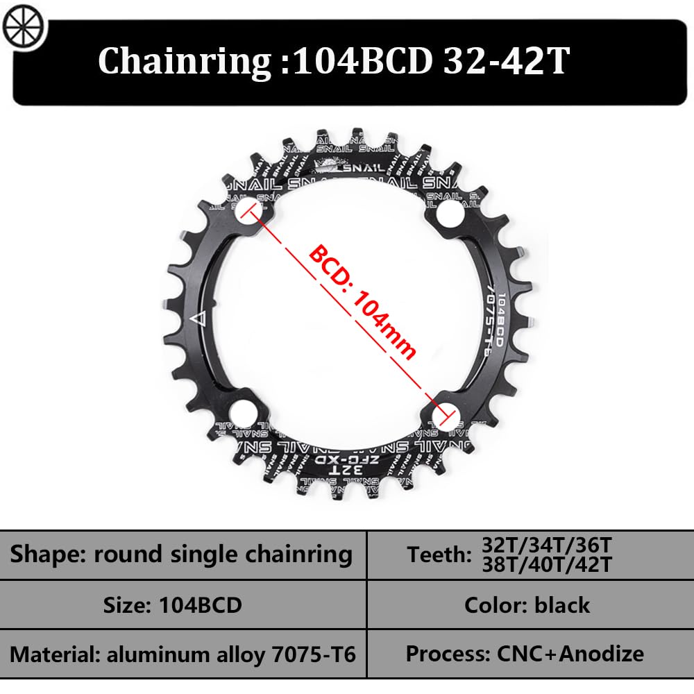 Cyclon Single Speed Square Taper Crankset, 170mm Mountain Bike Crankset with 104BCD 32T/34T/36T/38T/40T/42T Narrow Wide Tooth Round Black Chainring, Replacement for Bicycle Crank Arm Set MTB Crankset